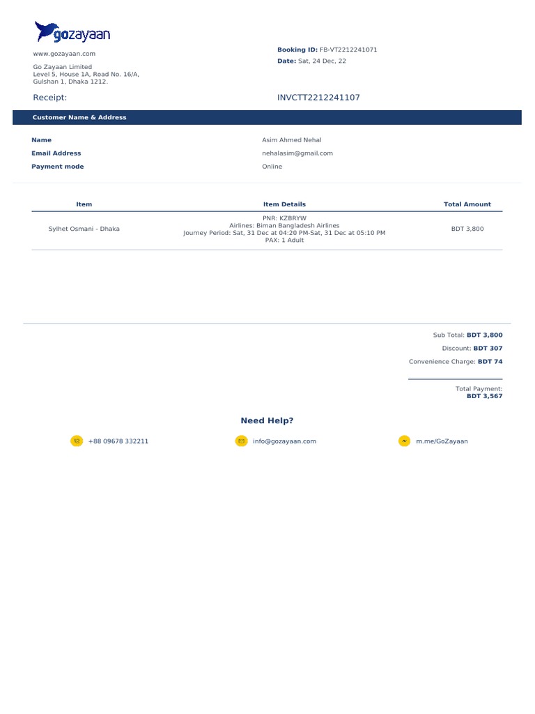 Booking-Invoice INVCTT2212241107 | PDF