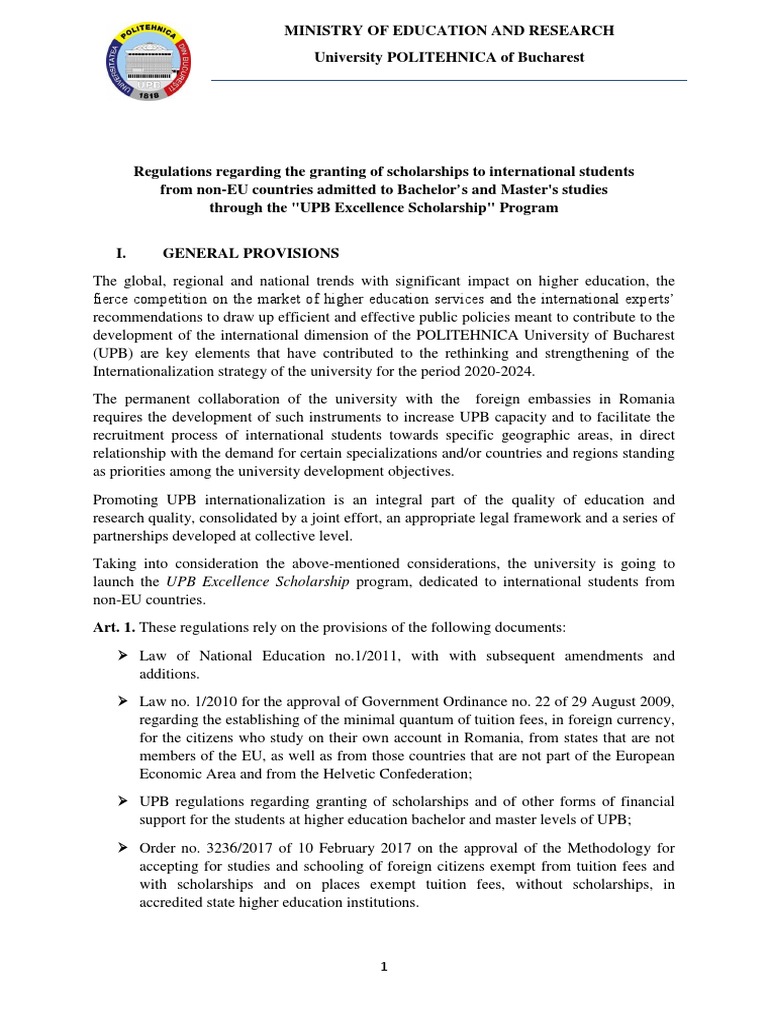 UPB Excellence Scholarship Regulations | PDF | International Student | University