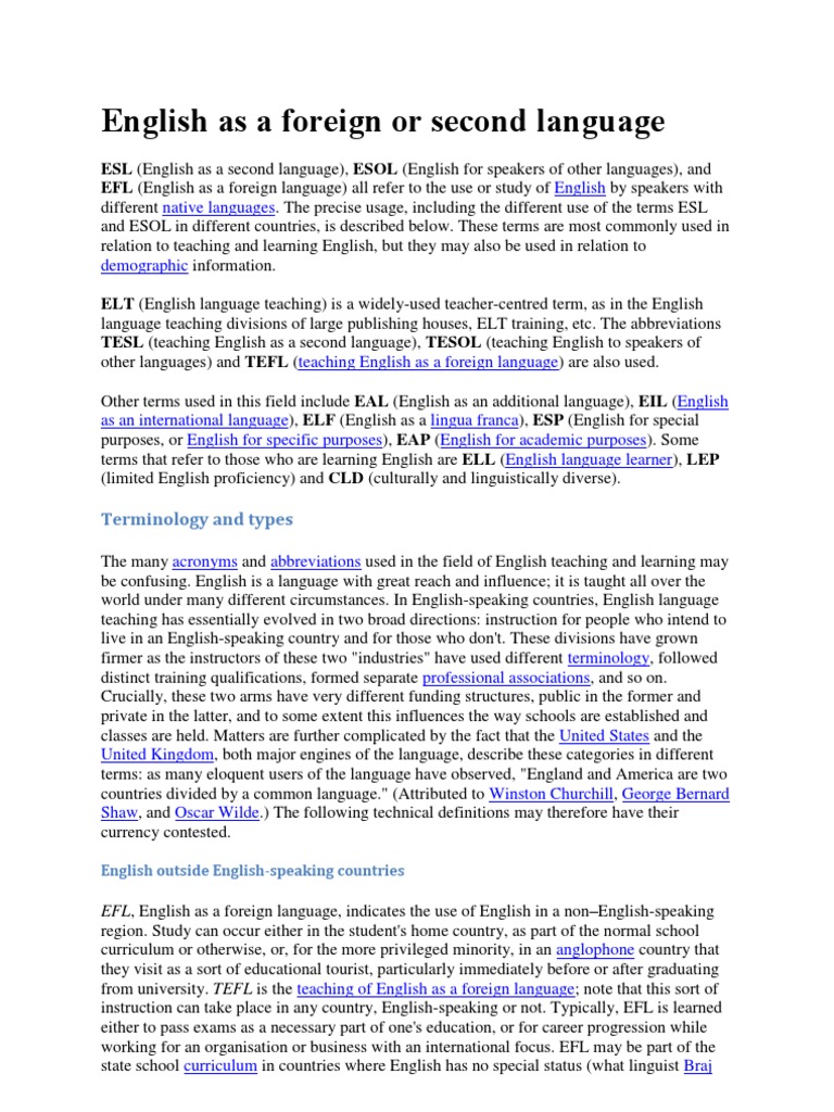 English As A Foreign or Second Language | PDF | English As A Second Or ...