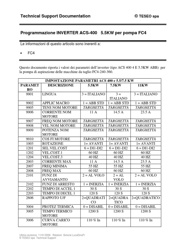 Programmazione INVERTER ACS-400 5.5KW Per Pompa FC4 | PDF