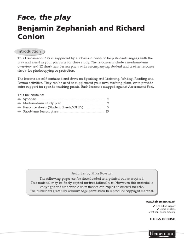 Face, The Play by Benjamin Zephania Worsheets | PDF | Teachers