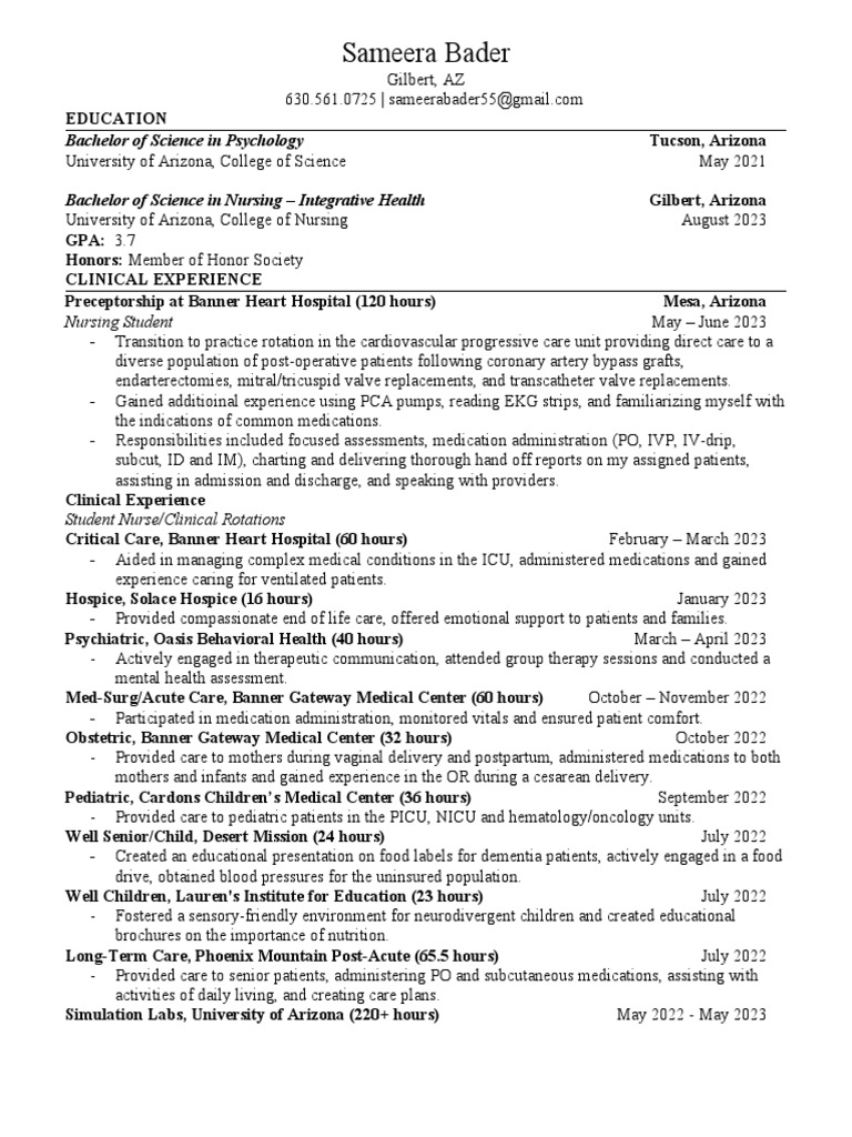 Bader Sameera Resume Ucsd Health Pcu | PDF | Nursing | Hospital
