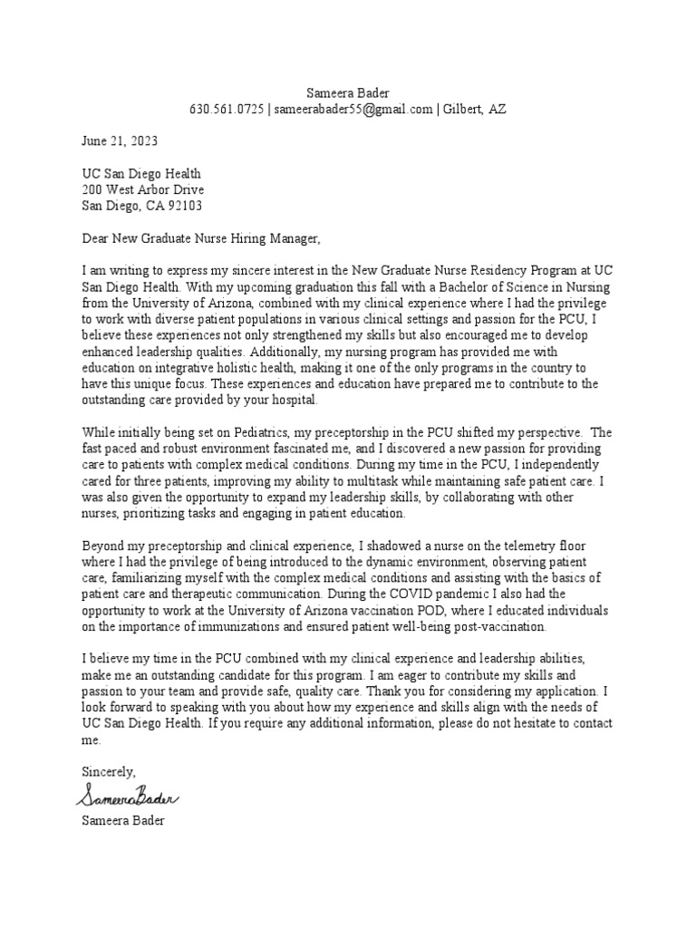 Bader Sameera Cover Letter Ucsd Health Pcu | PDF | Nursing | Patient