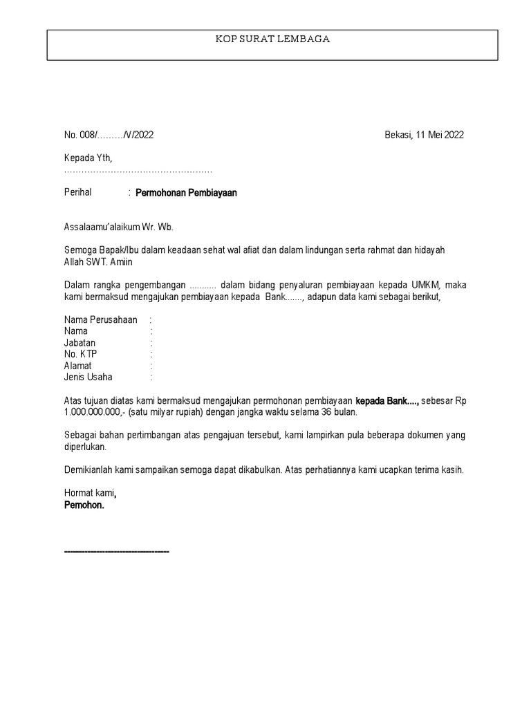 Contoh Surat Permohonan Pembiayaan Bank | PDF