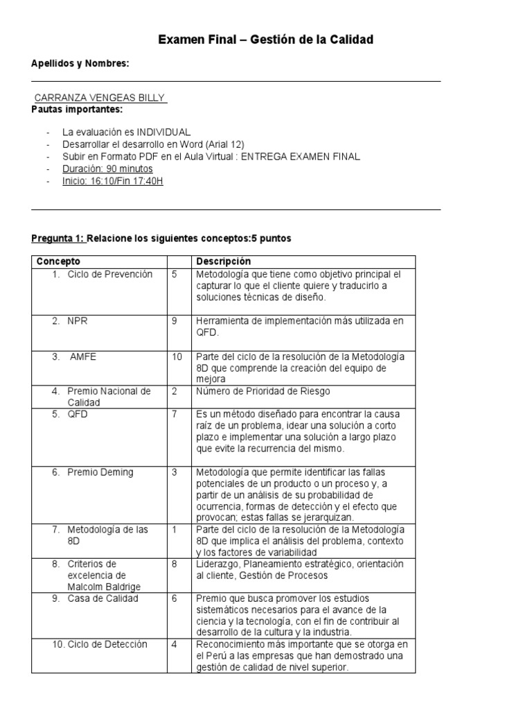 Examen Final de Gestión de Calidad | PDF | Six Sigma | Calidad (comercial)