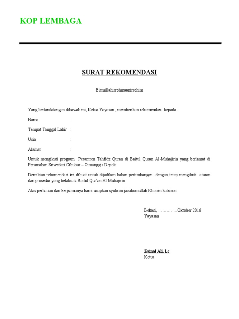 Contoh Surat Rekomendasi Mengikuti Kegiatan | PDF