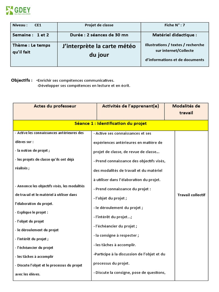 Projet de classe : La météo en CE1 | PDF