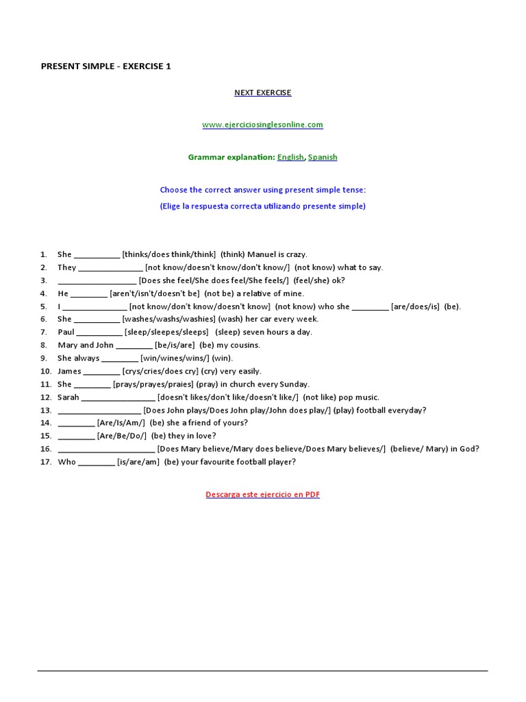 Presente Simple - Exercises | PDF