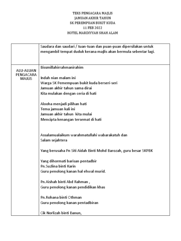 Skrip MC Hotel Mardiah 2023 | PDF