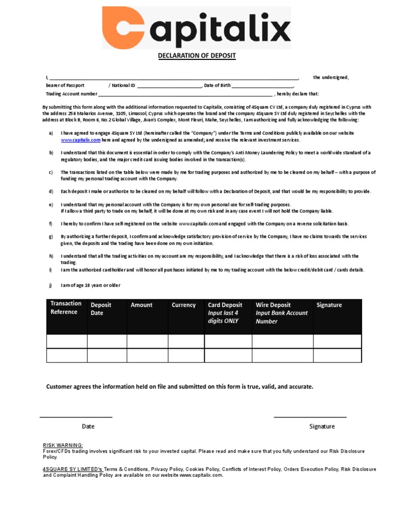 Declaration of Deposit Capitalix en | PDF | Credit Card | Private Sector