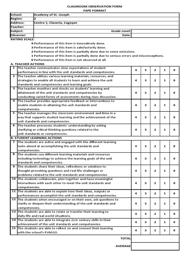Classroom Observation Form Latest Fape Format Sy 2022 2023 | PDF ...