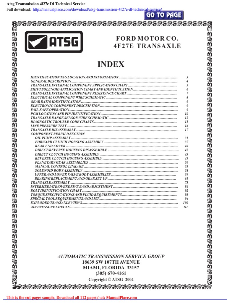 Atsg Transmission 4f27e Dl Technical Service | PDF | Manual ...