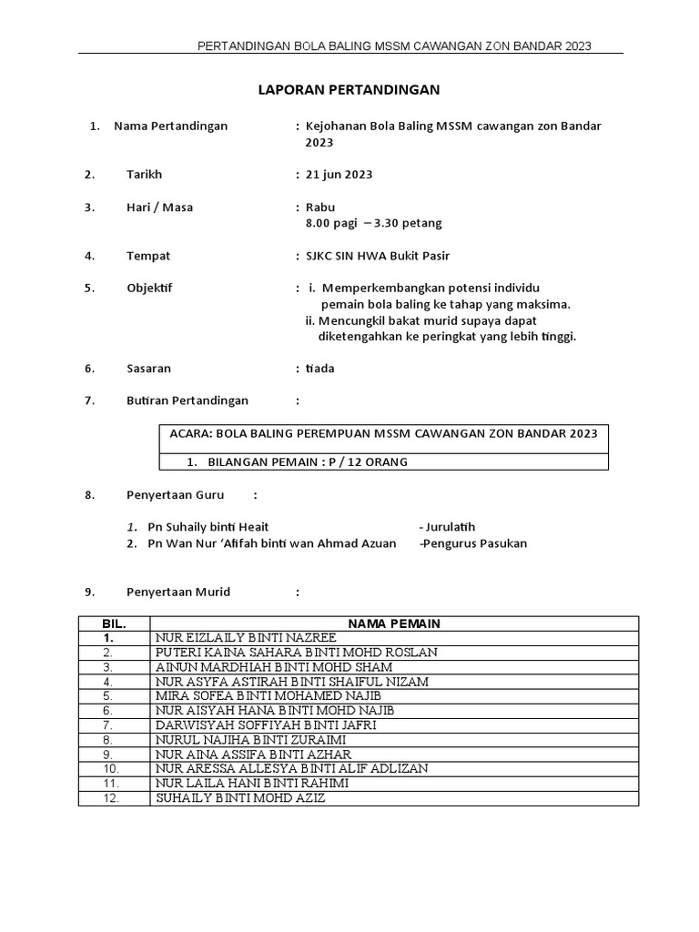laporan pertandingan bola baling mssc zon Bandar 2023 | PDF