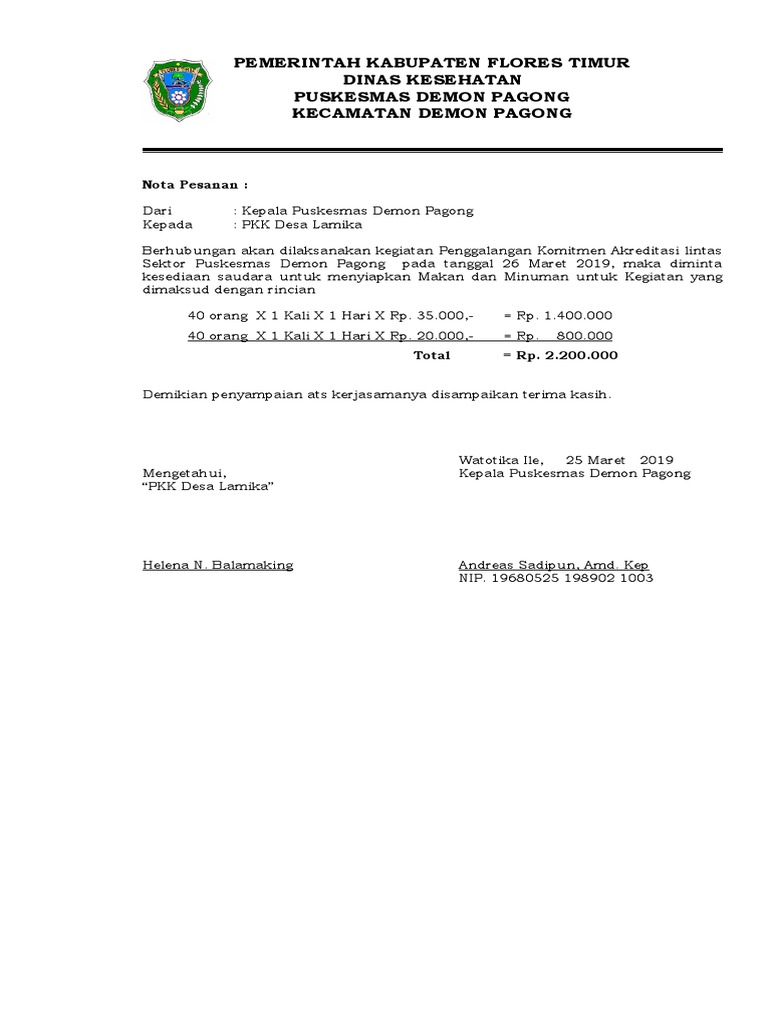 Nota Pesanan Makan Minum 2018 | PDF