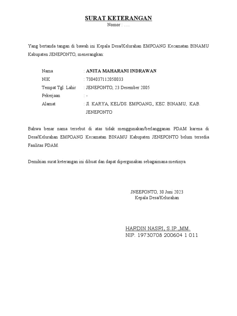 Surat Keterangan PDAM | PDF