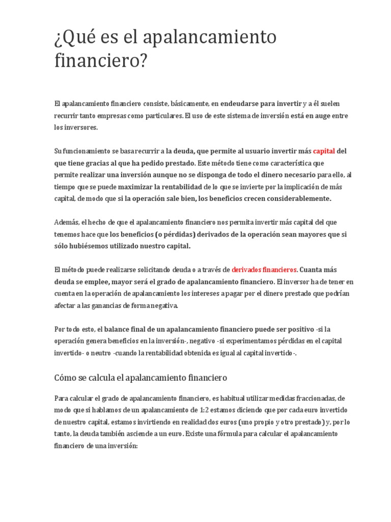 Qué es el apalancamiento financiero | PDF | Apalancamiento (Finanzas) | Rentabilidad sobre ...
