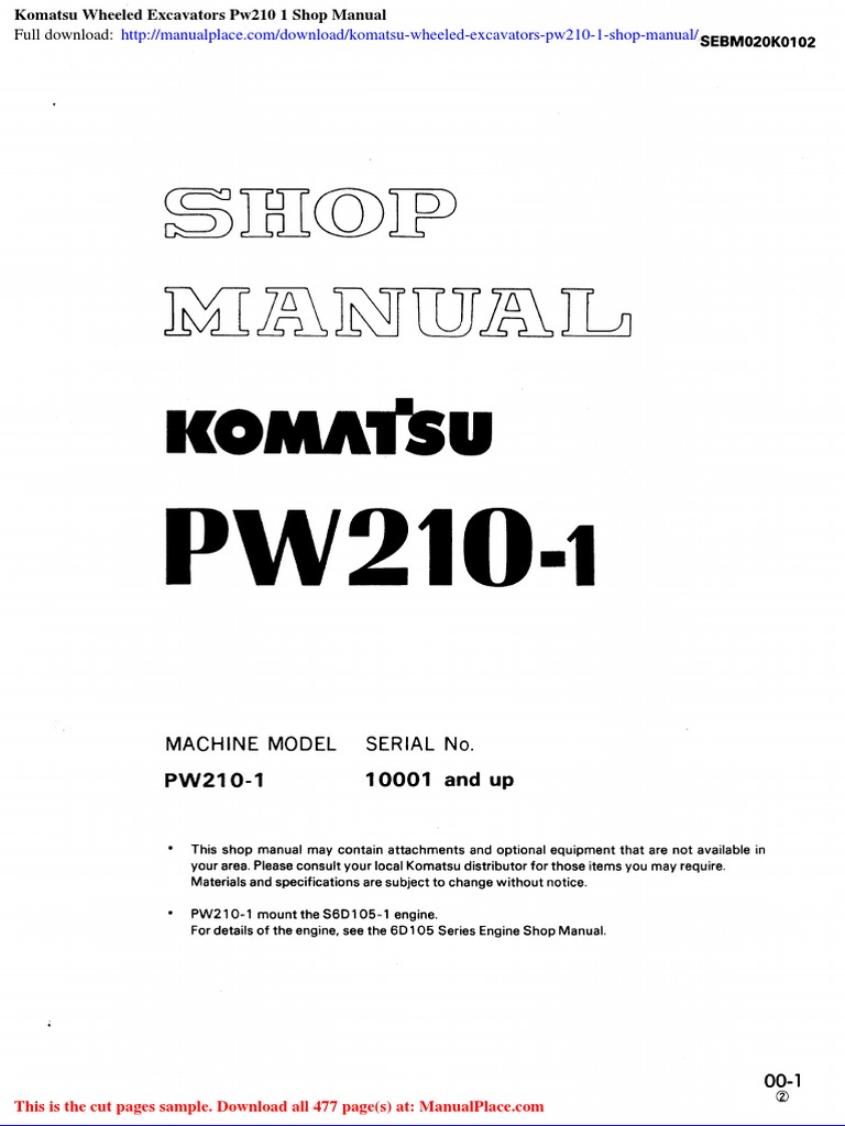 Komatsu Wheeled Excavators Pw210 1 Shop Manual | PDF
