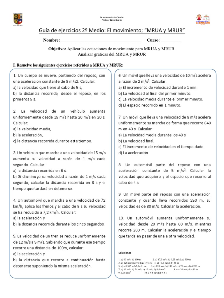 Guía de Ejercicios 2º Medio: El Movimiento "MRUA y MRUR" | PDF | Velocidad | Aceleración