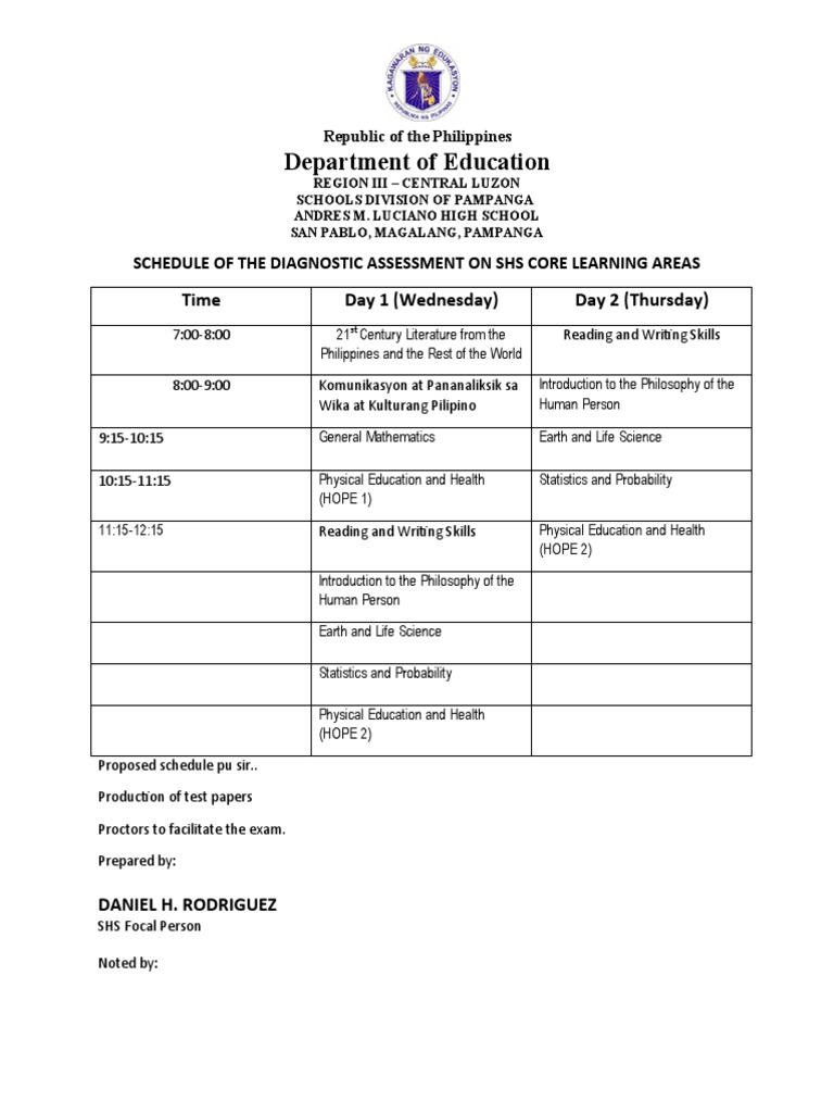 Amlhs Schedule of The Diagnostic Assessment On Shs Core Learning Areas ...