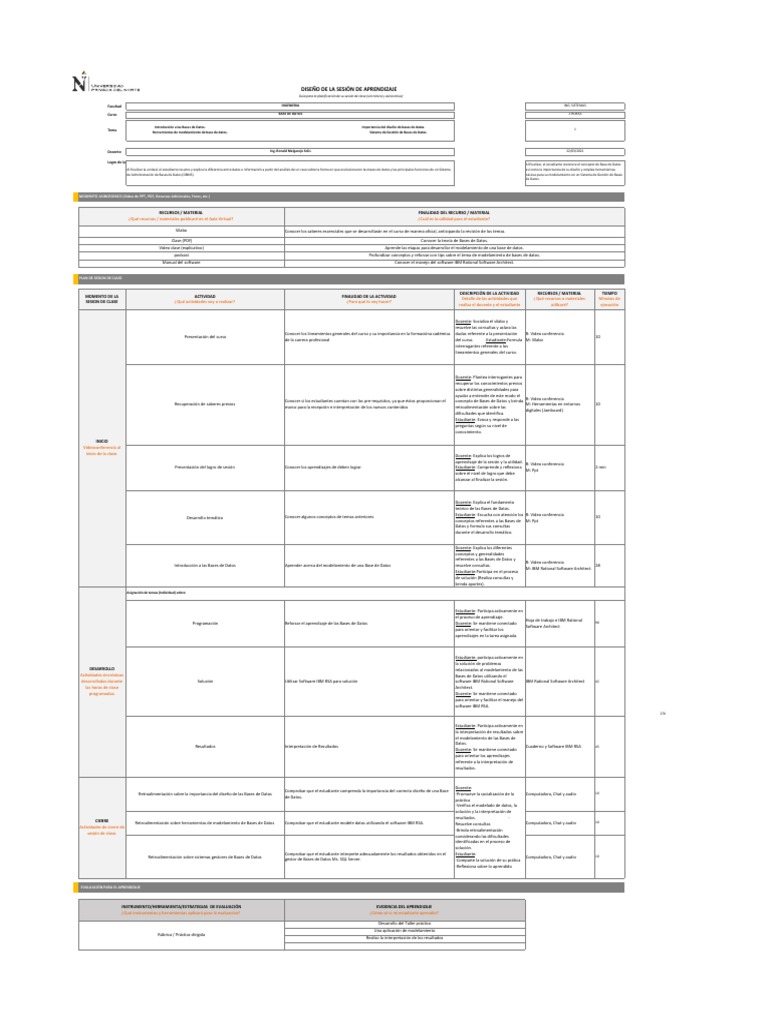 Diseño de Sesión de Aprendizaje - Plan de Sesión de Clase - Facultad de Ingeniería | PDF | Bases ...