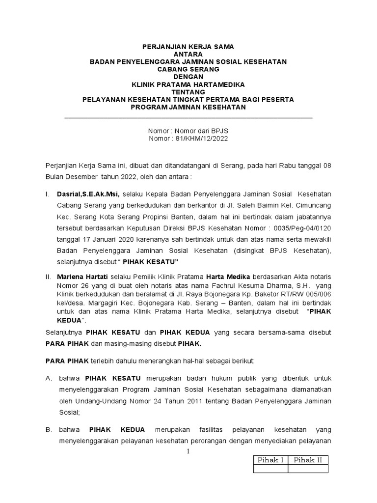 Template PKS Klinik Pratama Tahun 2023 | PDF