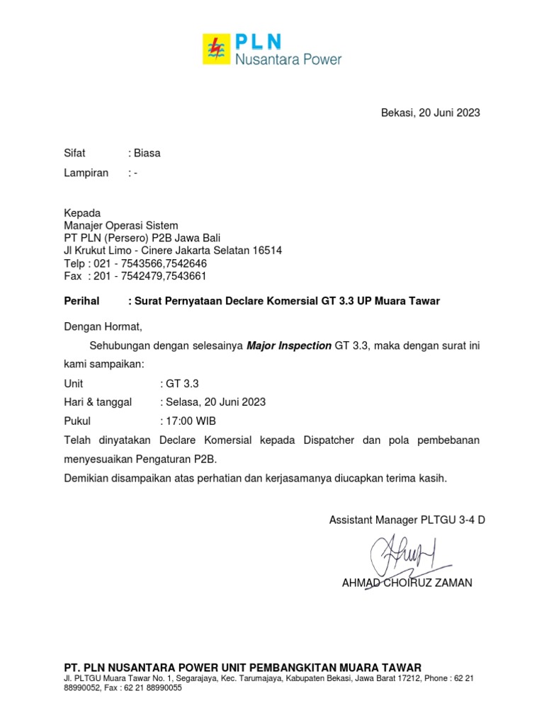 Surat Declare P2B GT 3.3 OH Major 20062023 | PDF
