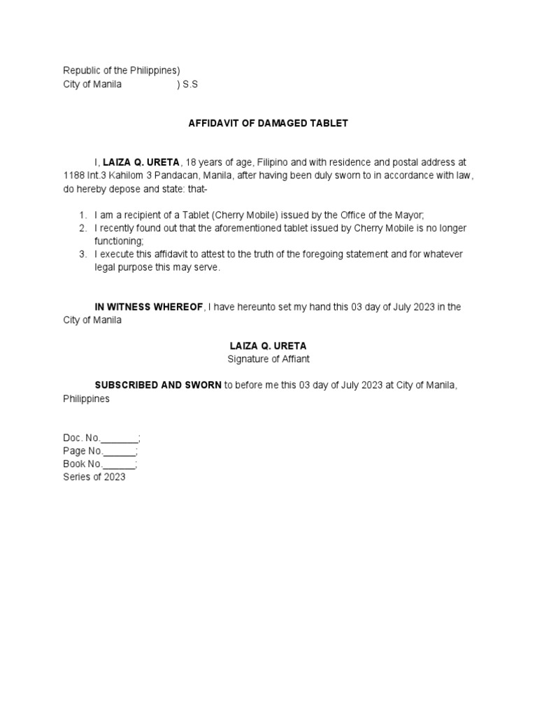Affidavit of Damaged Tablet | PDF