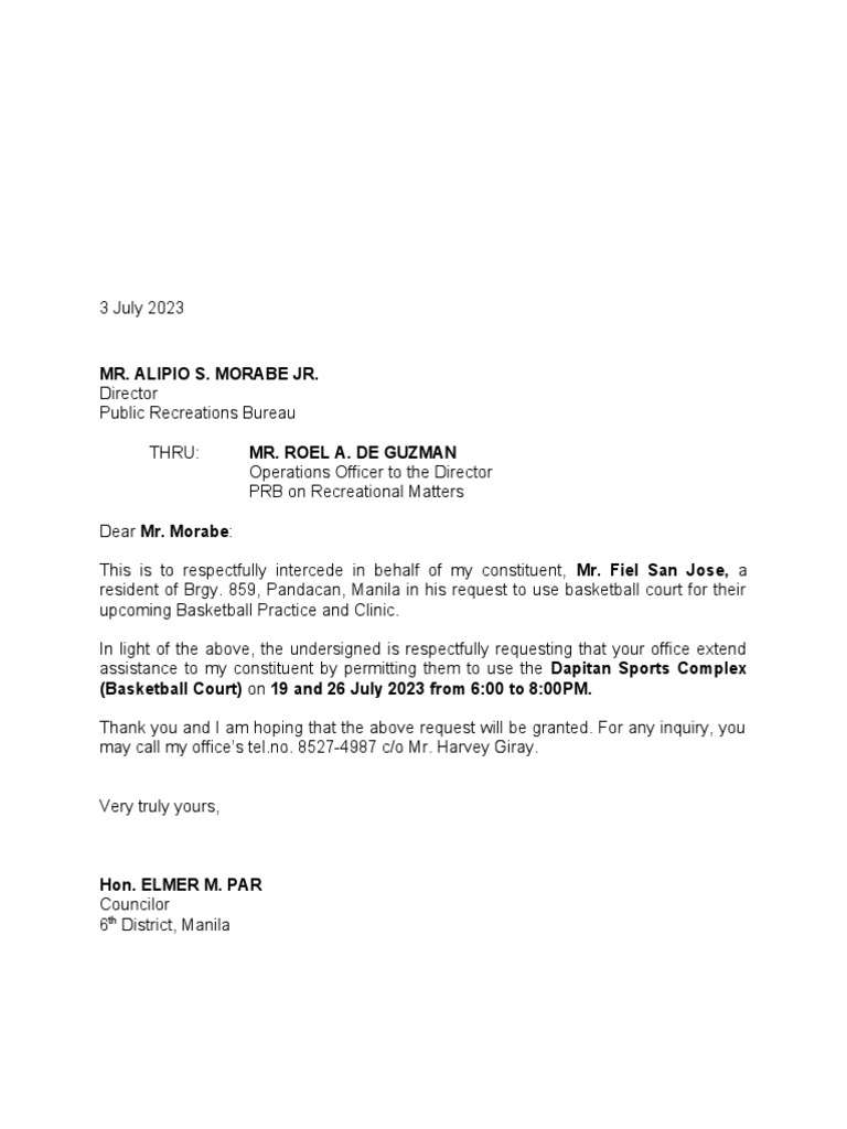 Request to Use Dapitan Sports Complex | PDF