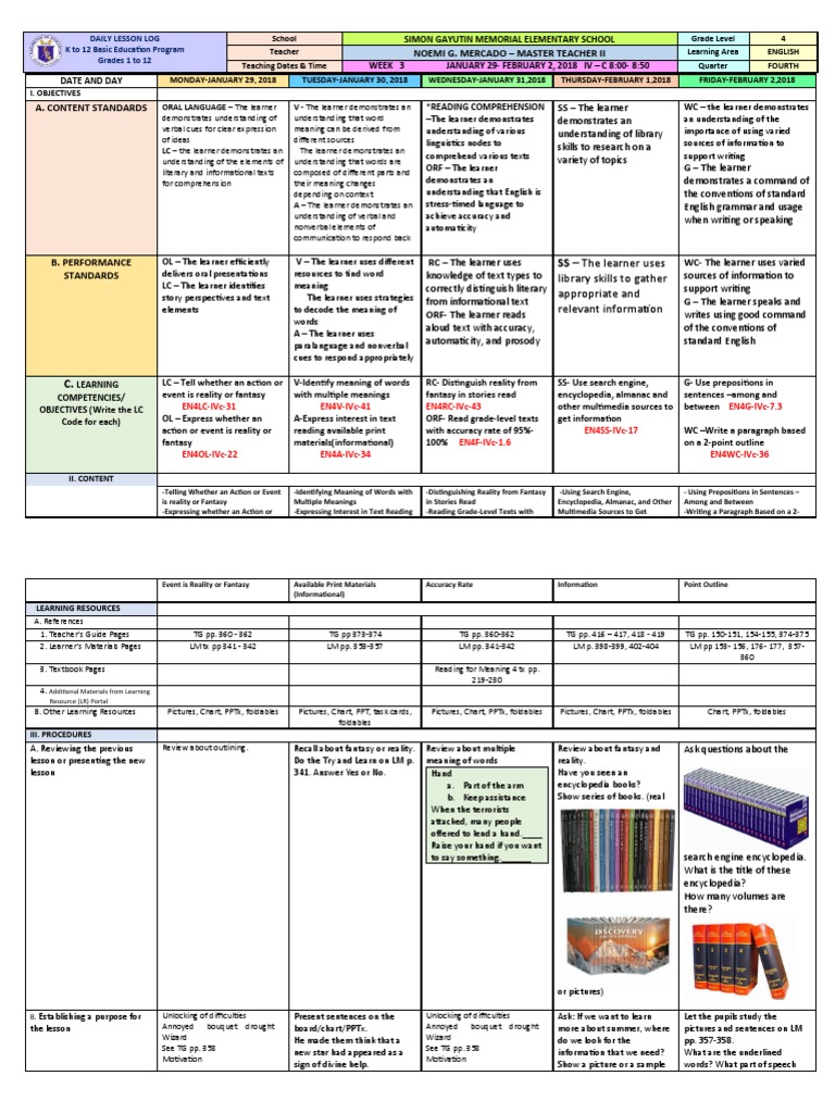 DLL in English 4 Week 3 Quarter 4 The K To 12 Way | PDF | Learning ...