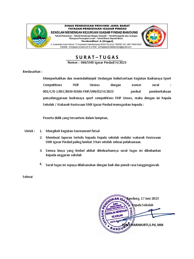Surat Tugas Futsal SMK Igasar Pindad | PDF