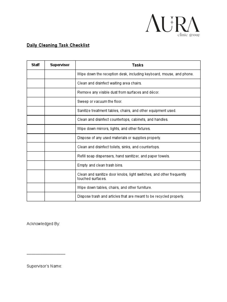 Daily Cleaning Task Checklist: Staff Supervisor | PDF | Countertop | Waste