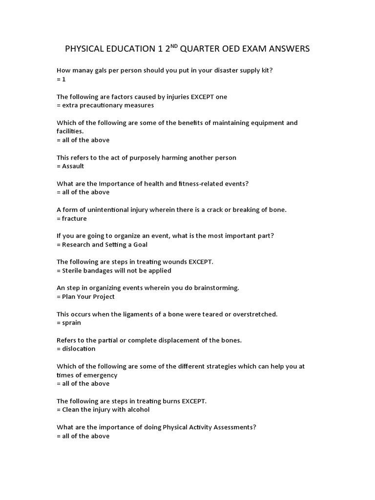 OED Exam Answers: Physical Education 1 | PDF | Injury | Violence