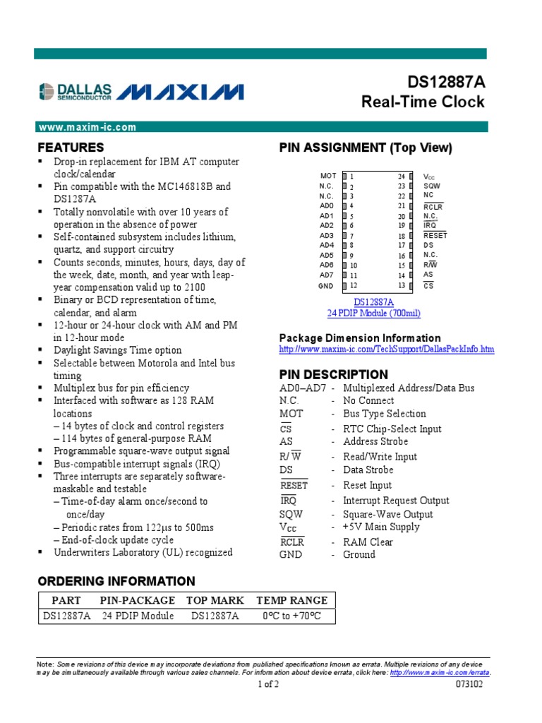 Datasheet DS12887A | PDF | Input/Output | Random Access Memory