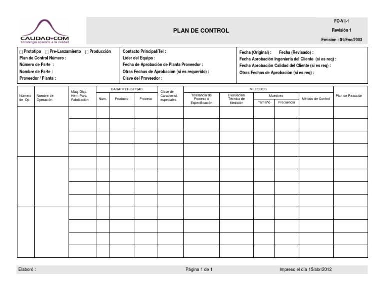 Plantilla De Plan De Control De Calidad Descarga Gratis: Formato Plan