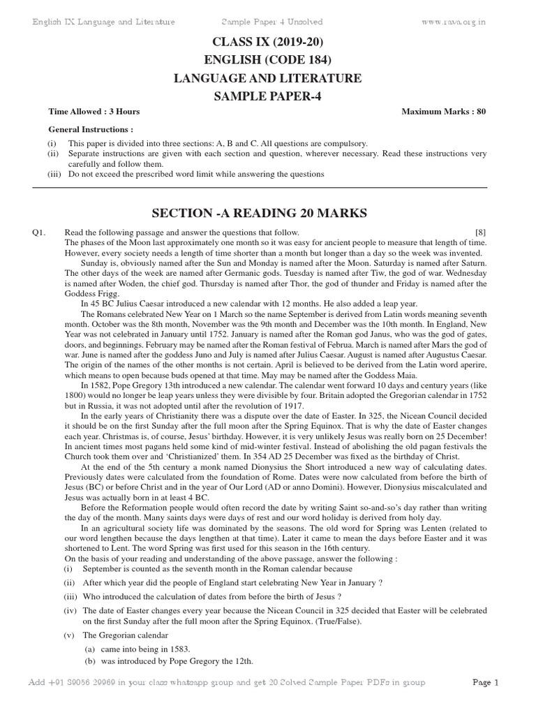 English Worksheet For Class 10 | PDF | Anno Domini | Easter