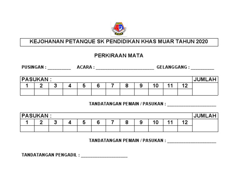 Borang Perekodan Markah Petanque 2020 | PDF