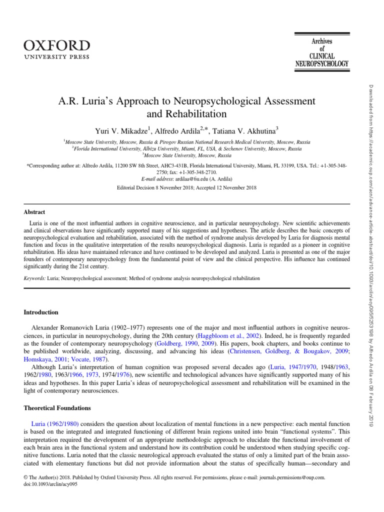 Luria's Neuropsychological Assessment Methods | PDF | Neuropsychology ...