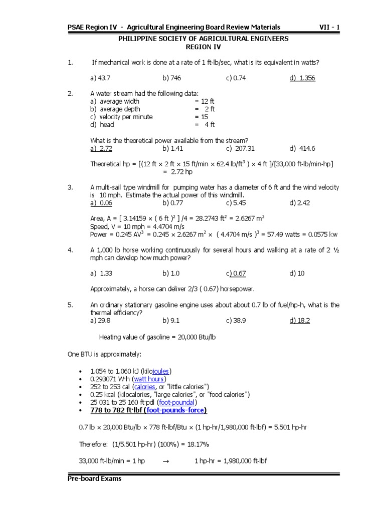 2010 Pre-Board Exam Questions With Solutions | PDF | Horsepower | Calorie