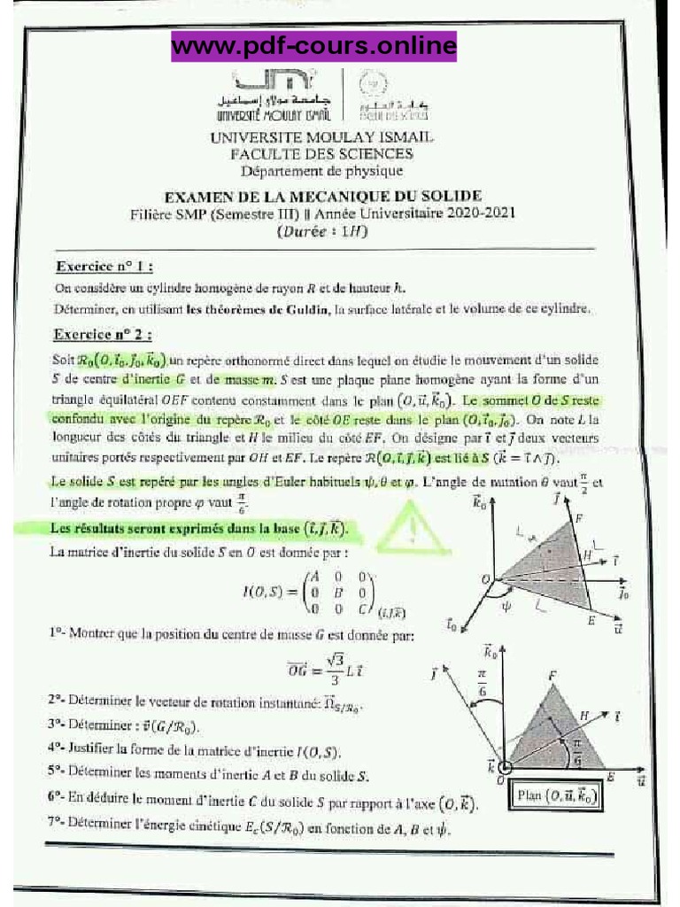 Mécanique Du Solide ? Examen Session Normal 2021 Avec Correction Faculté Des Sciences Université ...