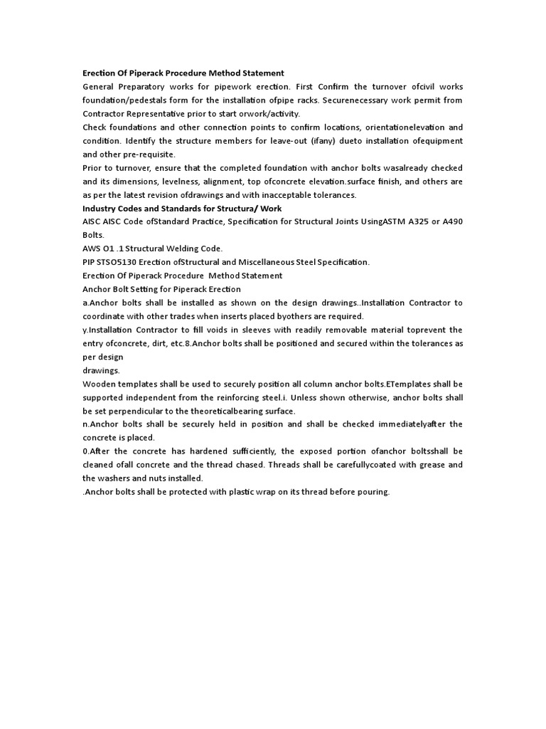 Piperack Erection Method Statement | PDF | Crane (Machine) | Nut (Hardware)