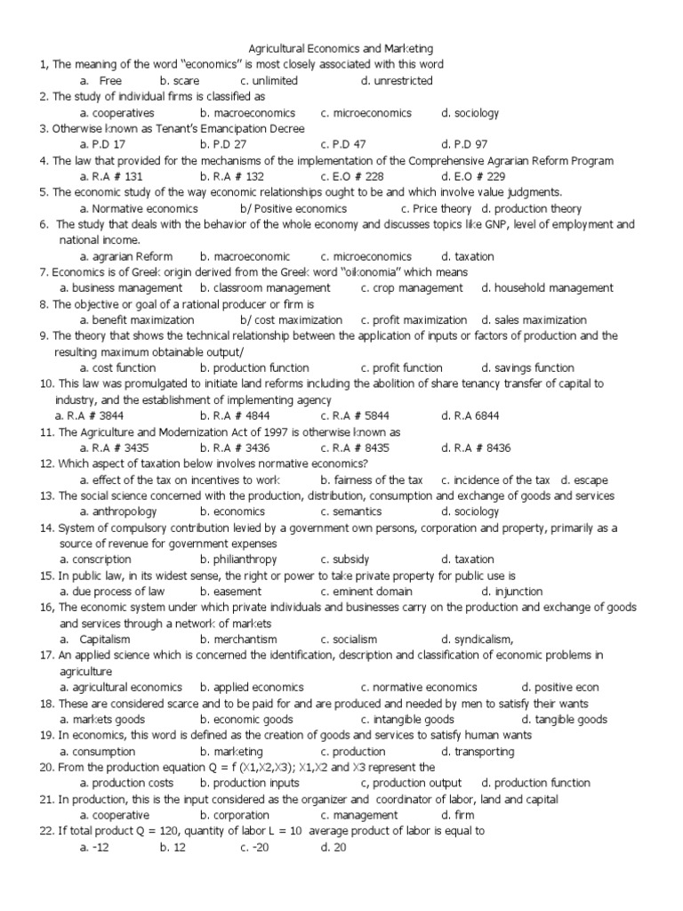 AgEcon-and-AgMa-Review-Questions-and-Answers_ROCELYN-M.-BARROGA | PDF | Supply (Economics) | Demand