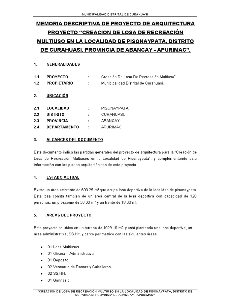 Memoria Descriptiva Arquitectura | PDF | Materiales | Ingeniería de Edificación