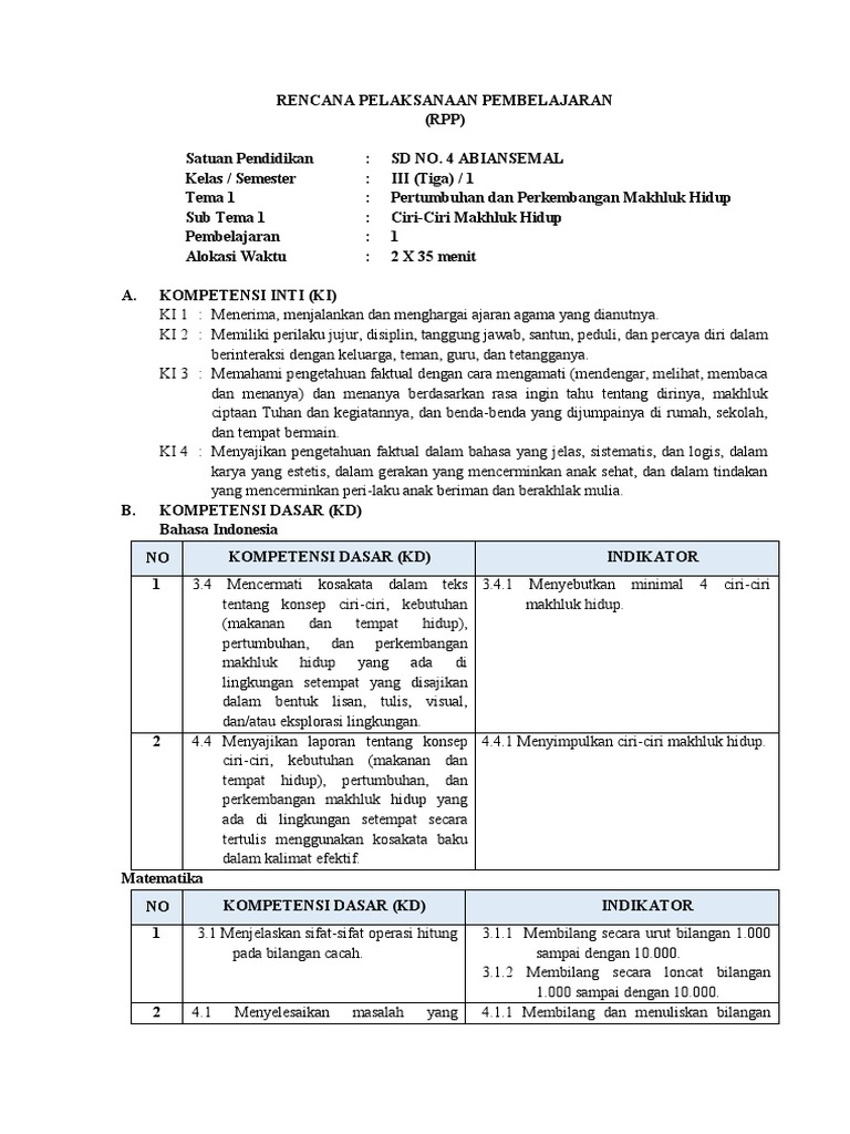 RPP K3 Tema 1 ST 1 Rev. 2018 | PDF