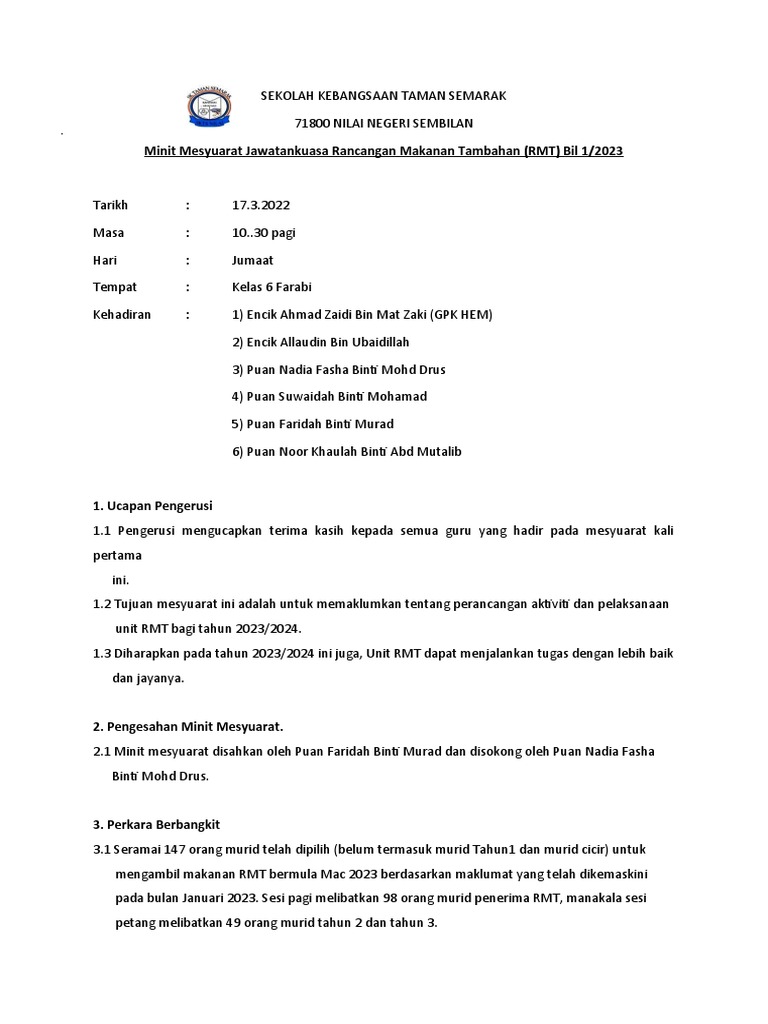 Min Mesy Kali Pertama Unit RMT 2023 | PDF