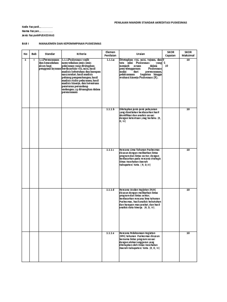 KMKP - Form Penilaian Mandiri Akreditasi Puskesmas - Kepdirjen 4871 ...