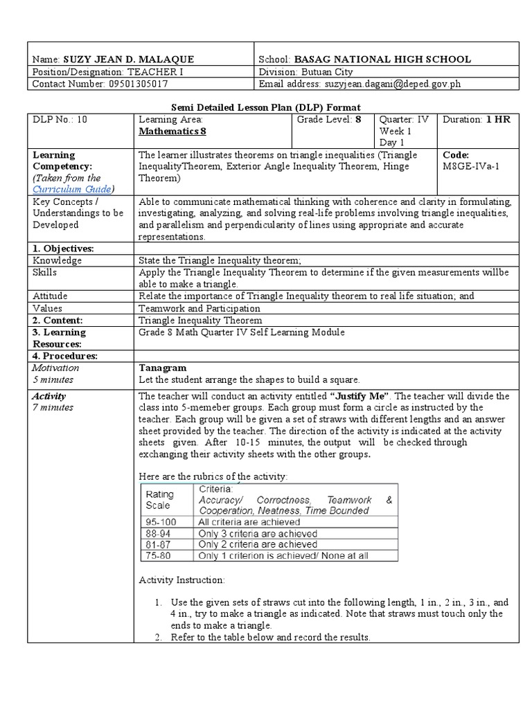 Semi Detailed Lesson Plan (DLP) Format Mathematics 8 Learning ...