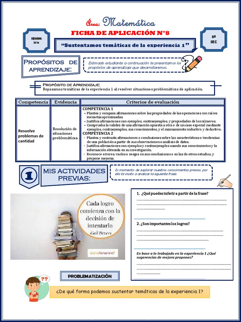 5° Ficha de Aplicación-Sesión8-Sem.4-Exp.1-Mate. | PDF | Aprendizaje | Razonamiento deductivo
