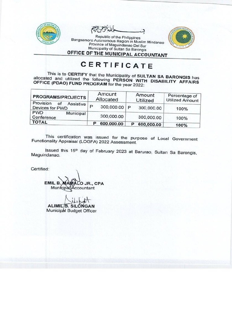 5.1 Certification From The Accountant On The Utilization of Allocated ...