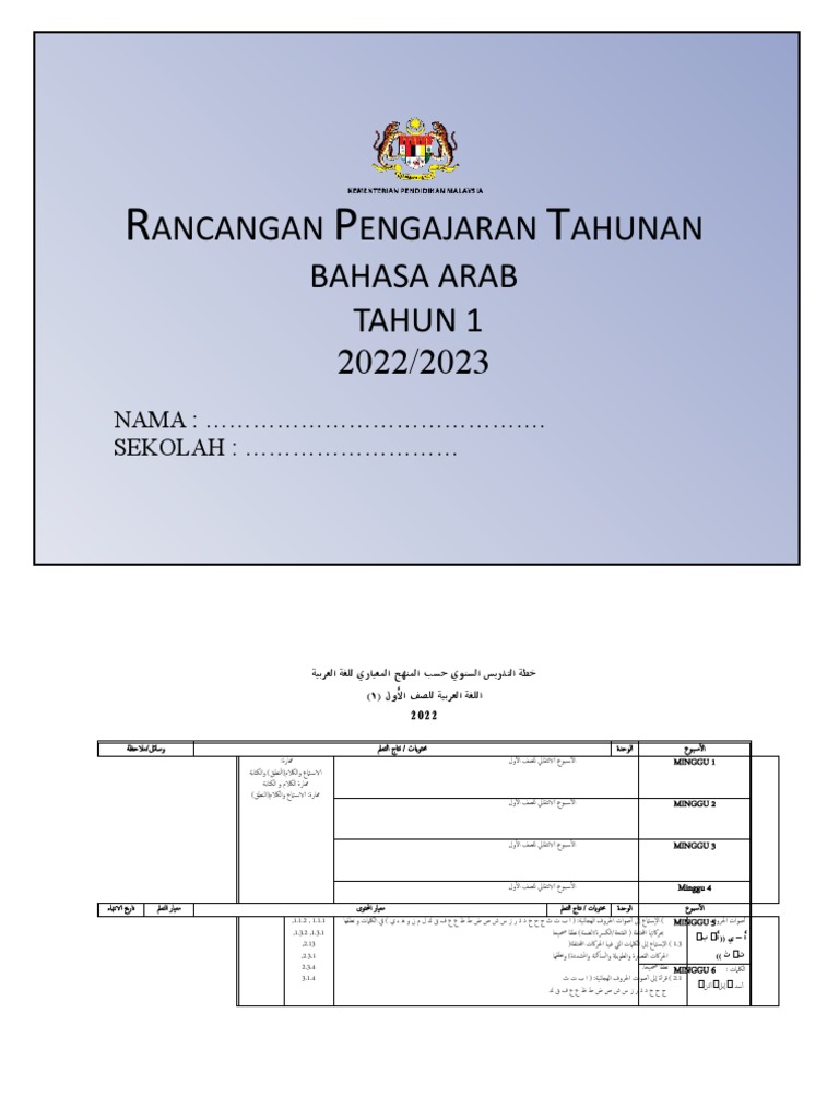 RPT BAHASA ARAB TAHUN 1 SEMAKAN ( KEGUNAAN 2022 ) | PDF