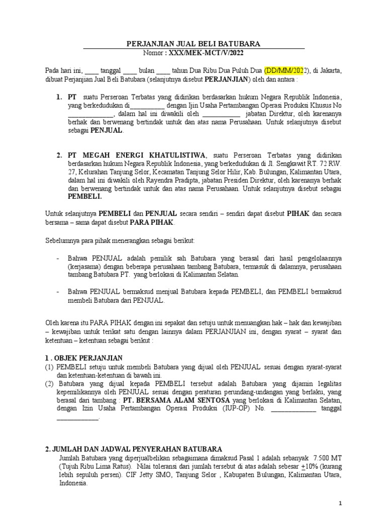 Draft Agreement PT - MEK CIF SKBDN R2 | PDF